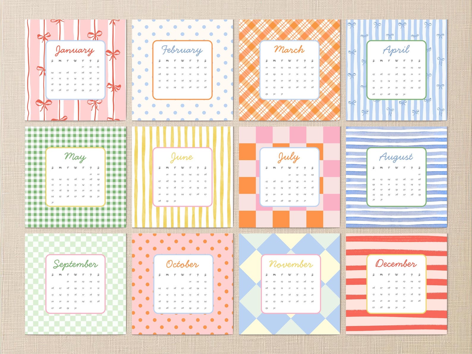 2026 Mini Calendar | Bold Pattern | Square Monthly Desk Calendar Set ...