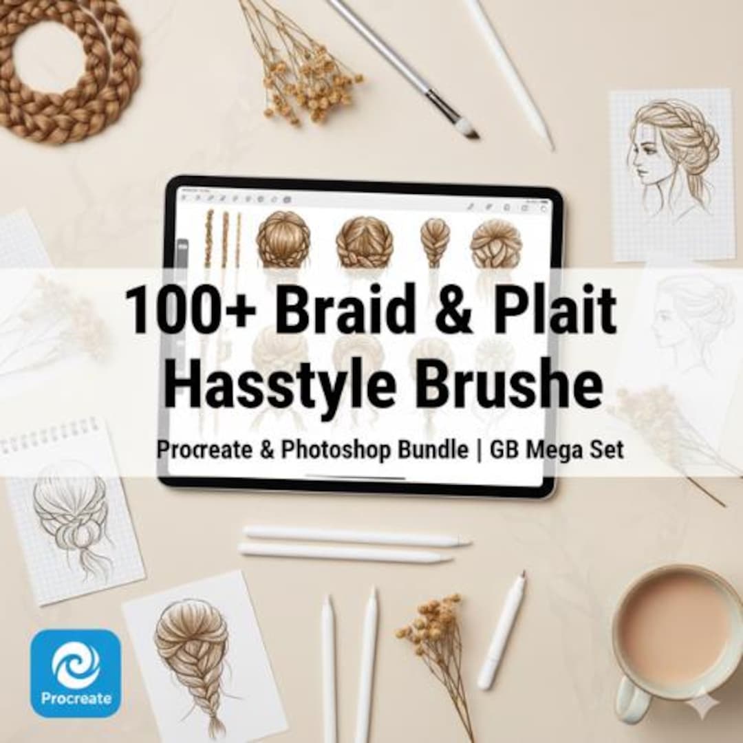 100+ Braid & Plait Hairstyle Procreate Brushes | Tattoo Line Art Stamps ...