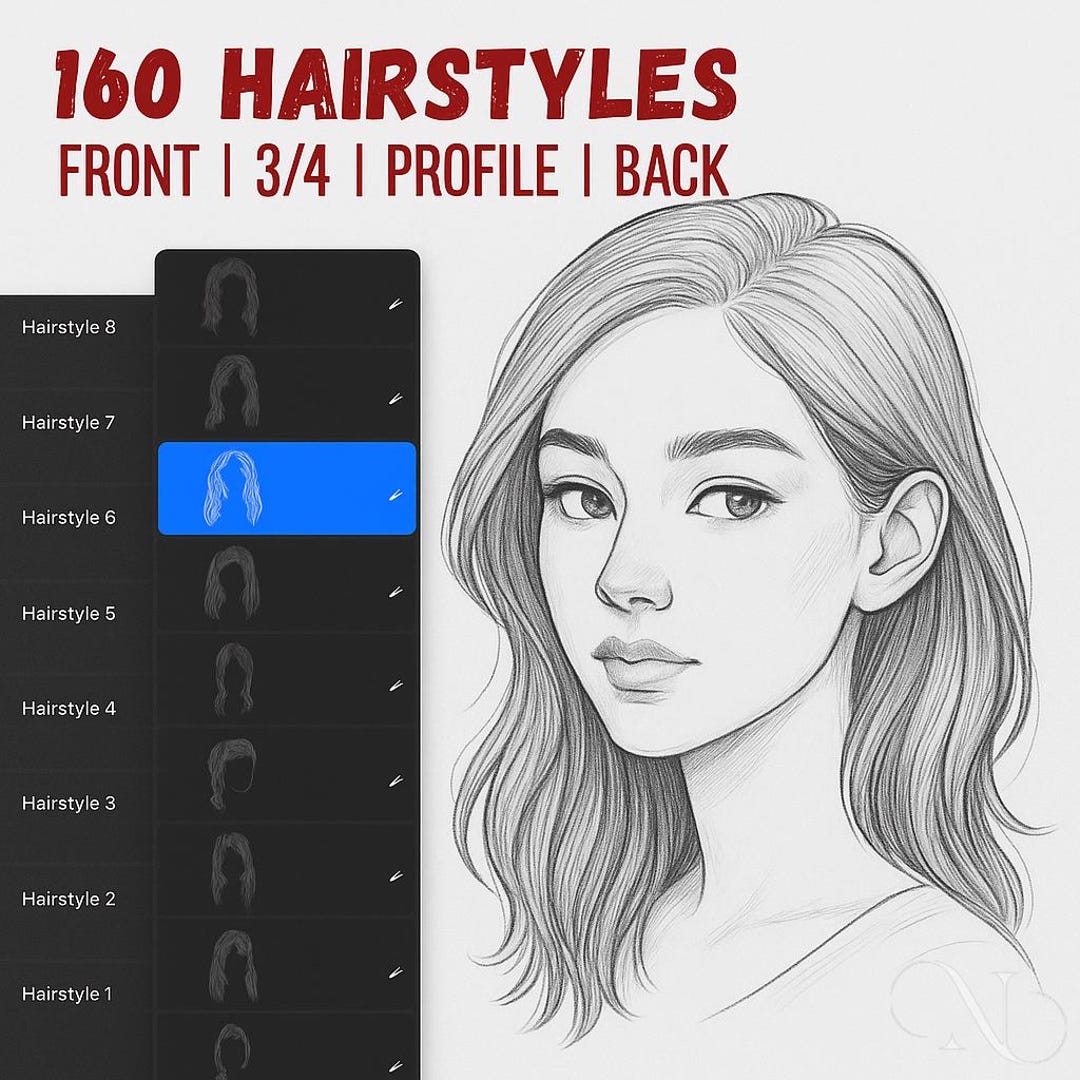 160 Hairstyle Stamps Procreate Brushes Stamps, Front, Profile 3/4 View ...