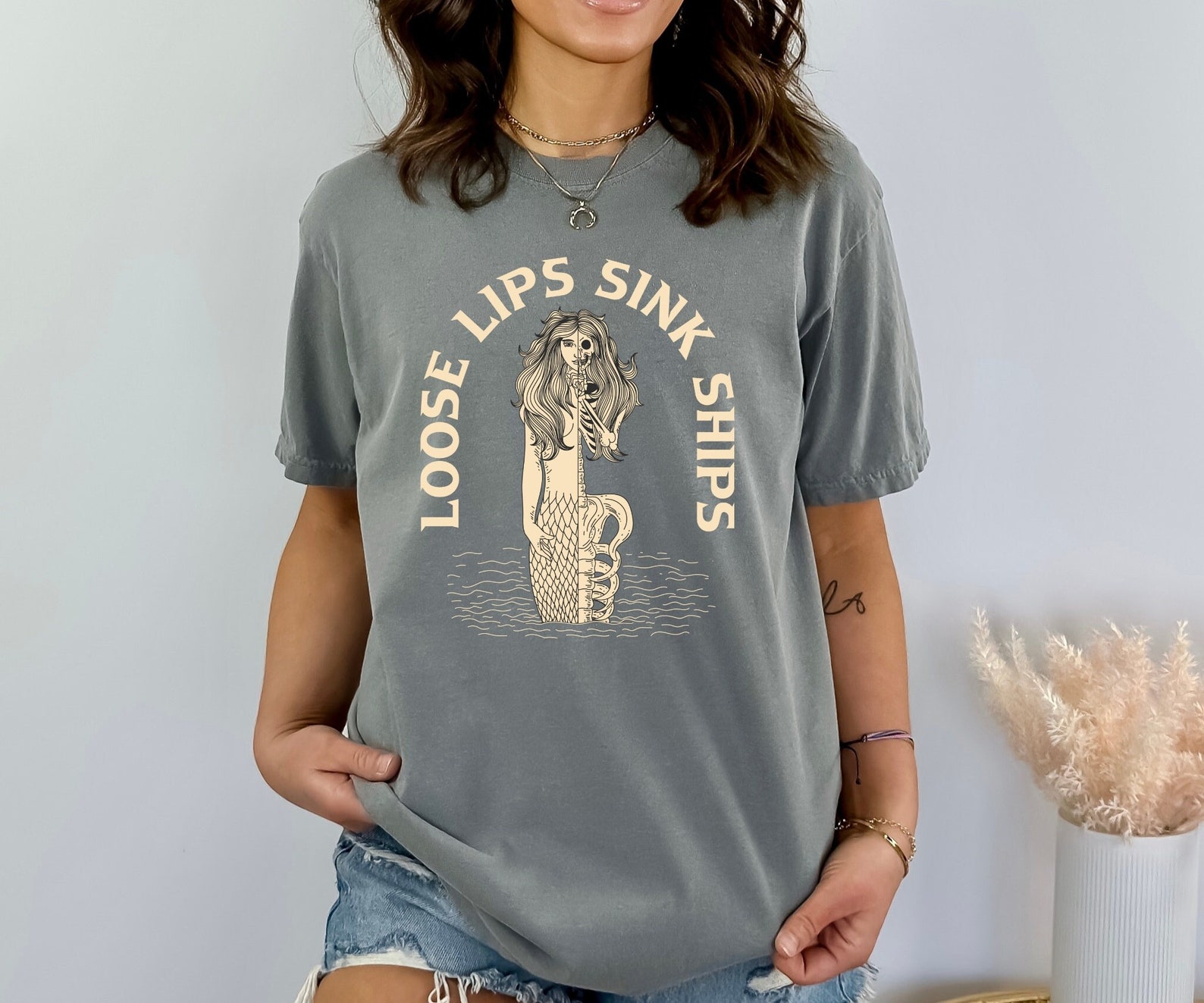 Mermaid Pirate Shirt Skeleton Sailor Tee Gossip Lies Shhh Ship Captain ...