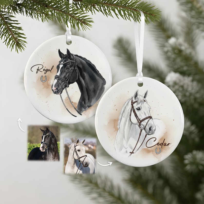 Personalised Horse Portrait Baubles, Custom Watercolour Photo Horse ...