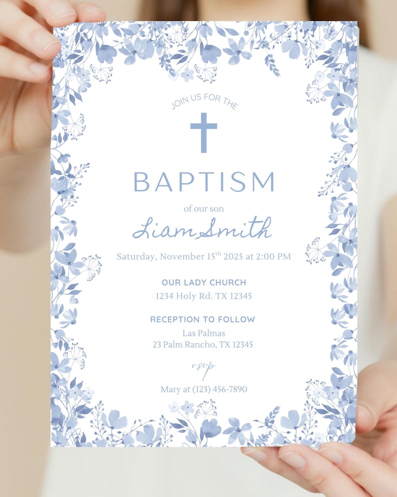 Baptism Invitation Template (digital Download), Dusty Floral Blue, Boy ...