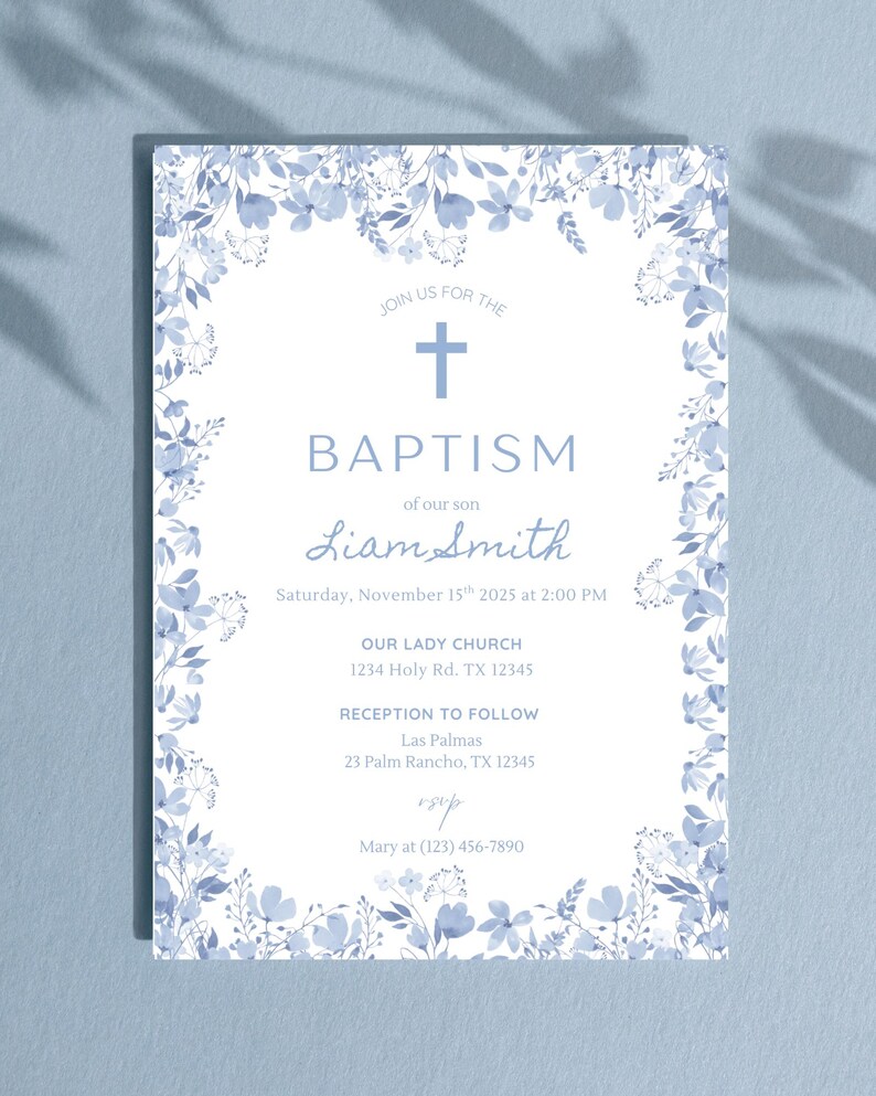 Baptism Invitation Template (digital Download), Dusty Floral Blue, Boy ...