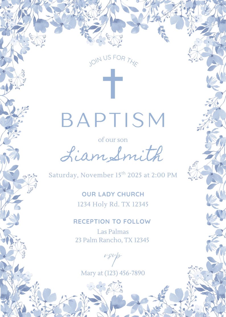 Baptism Invitation Template (digital Download), Dusty Floral Blue, Boy ...