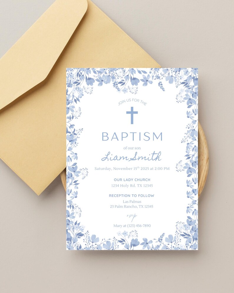 Baptism Invitation Template (digital Download), Dusty Floral Blue, Boy ...