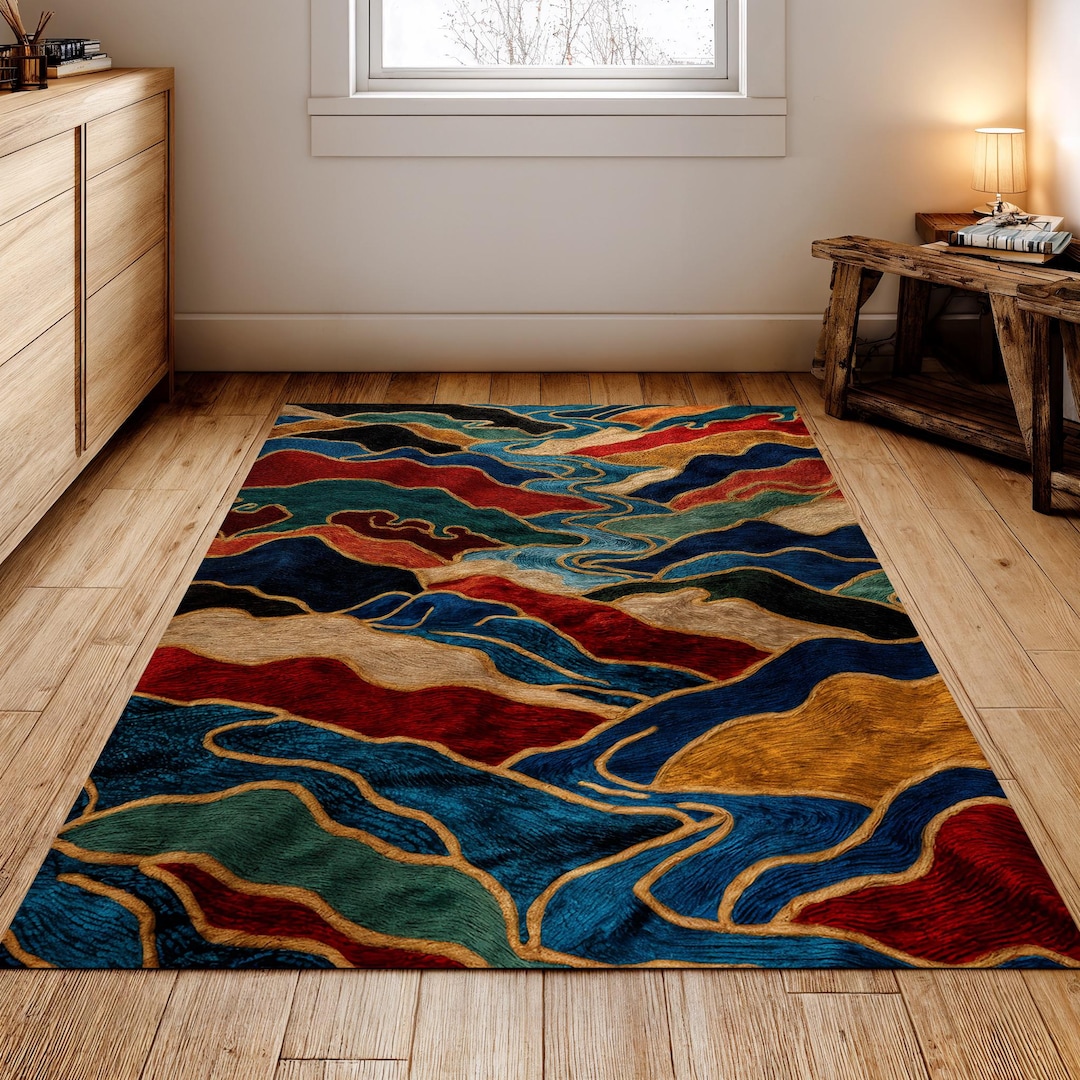 Colorful Abstract Wave Rug, Modern Art Washable Rug, Multicolor Area ...