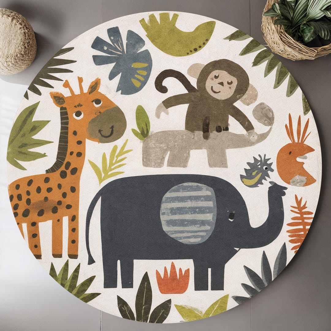 Jungle Animal Kids Rug, Washable Round Safari Rug, Elephant Giraffe ...