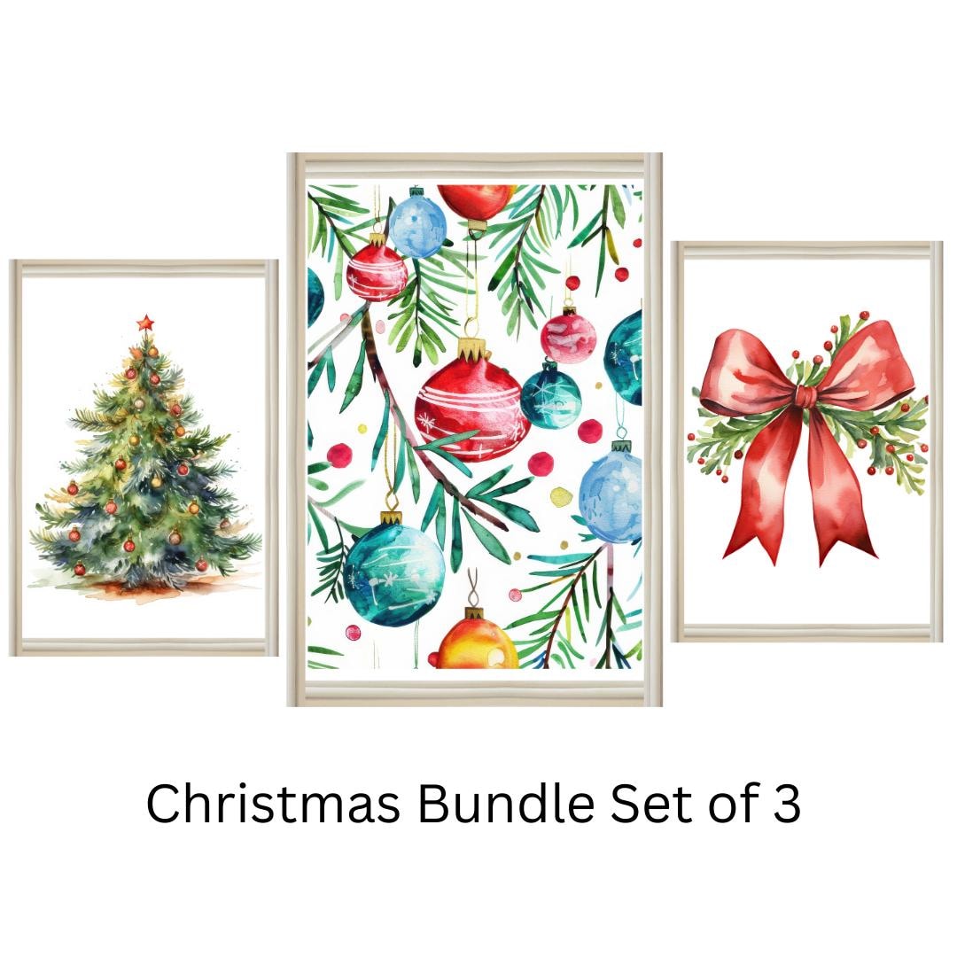 Christmas Art Print Set, Christmas Art Printable, Santa, Bow Tree ...