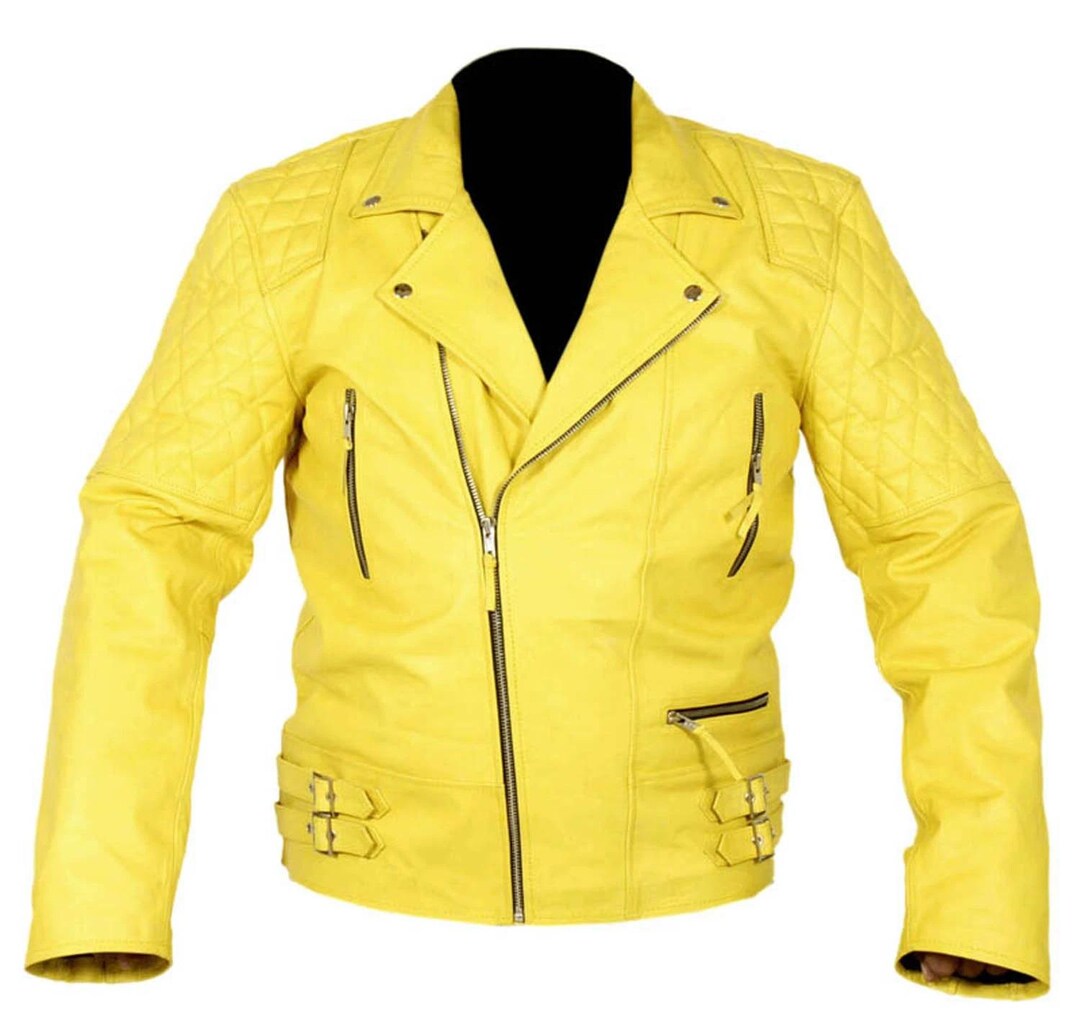 Vintage Yellow Diamond Quilted Cowhide Leather Motorcycle Jacket ...