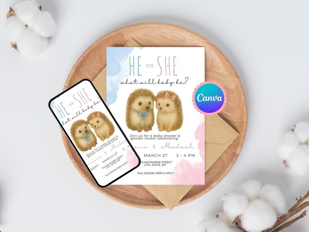 Hedgehog Gender Reveal Baby Shower Invitation (digital Download) - Etsy