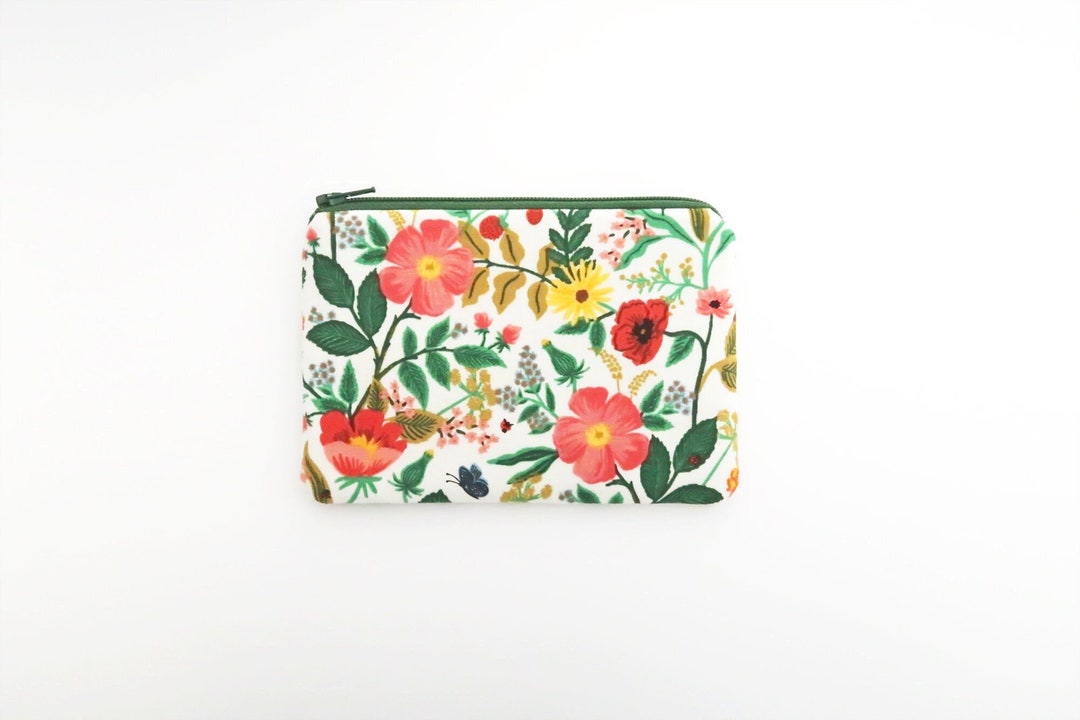 Red Flowers Zip Coin Purse Green Leaf Change Purse Wallet Small Fabric ...