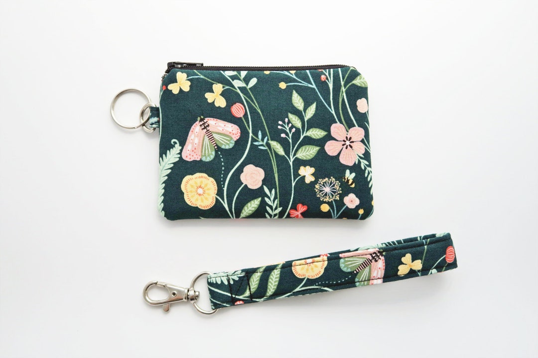 Moths and Floral Wristlet Card Wallet Cute Coin Pouch Wallet Zippered ...