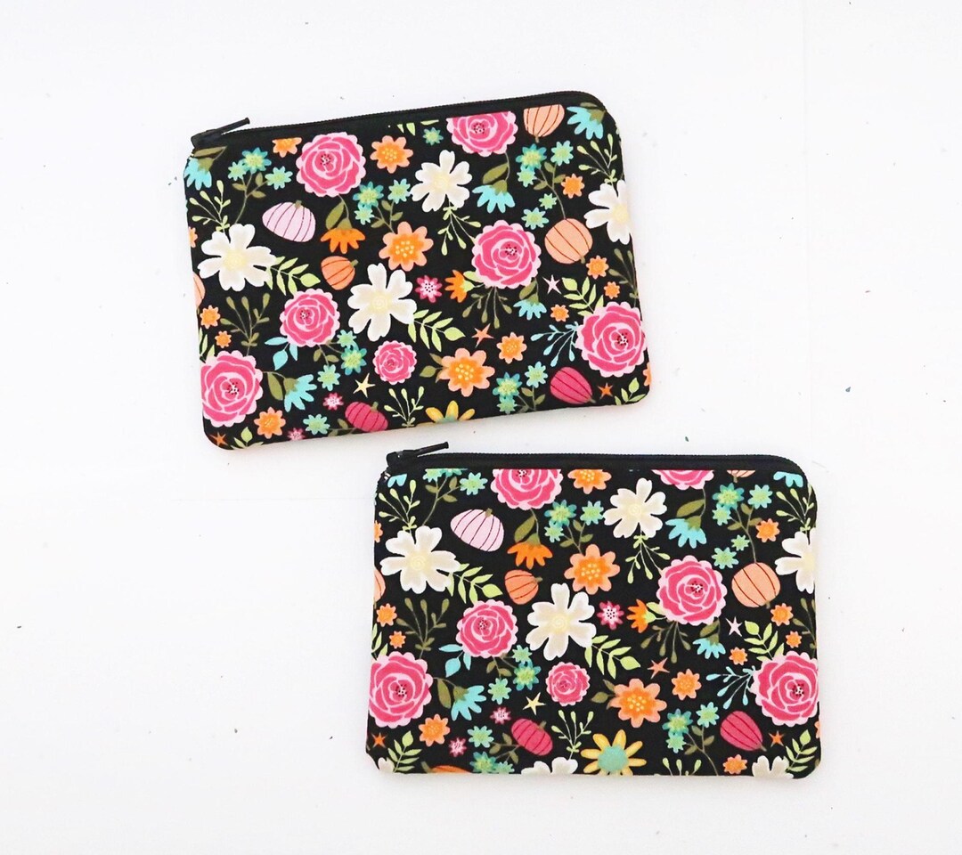 Small Padded Pouch Wallet, Flowers & Pumpkin Zipper Coin Purse for Girl ...