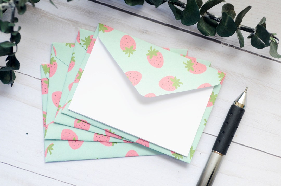Strawberry on Mint Green Mini Cards - Set of 4 // Blank Cards // Gift ...