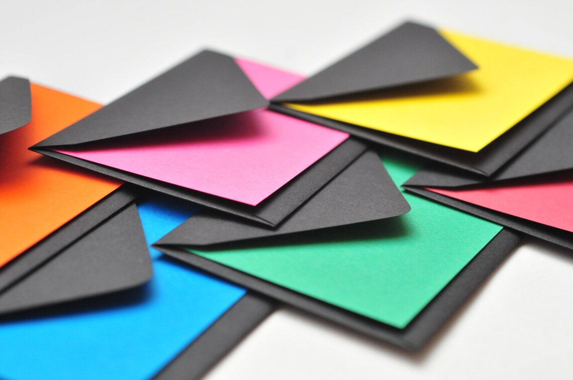 Black Mini Envelopes With Colorful Cards // Mini Cards // Set - Etsy