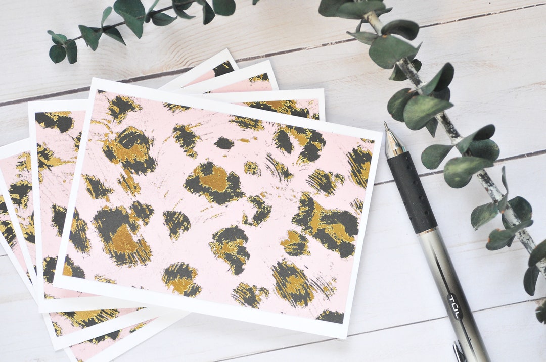 Pink and Gold Leopard Print Note Cards Set of 4 // Blank - Etsy