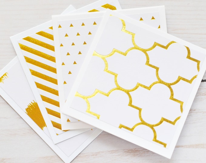 White and Gold Mini Cards - Set of 4 // Blank Cards // Gold Foil ...