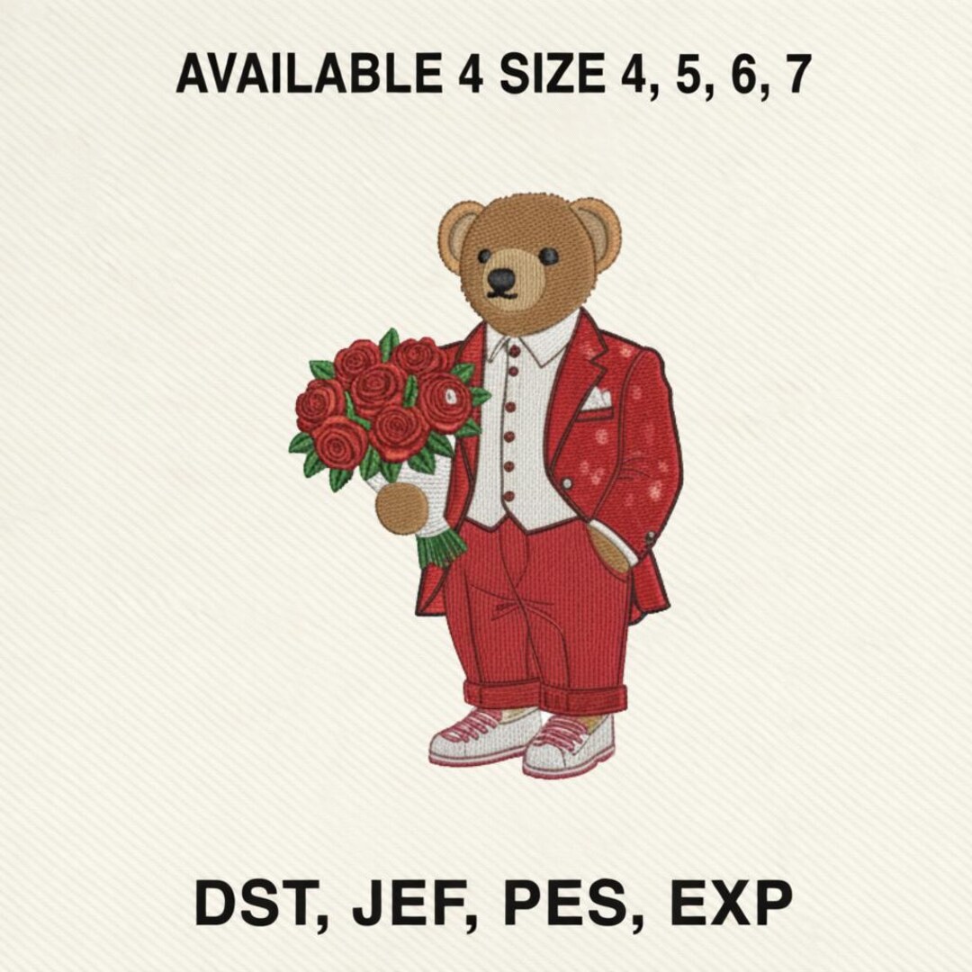 Valentine Bear Embroidery Design, Stylish Bear With Roses Machine ...
