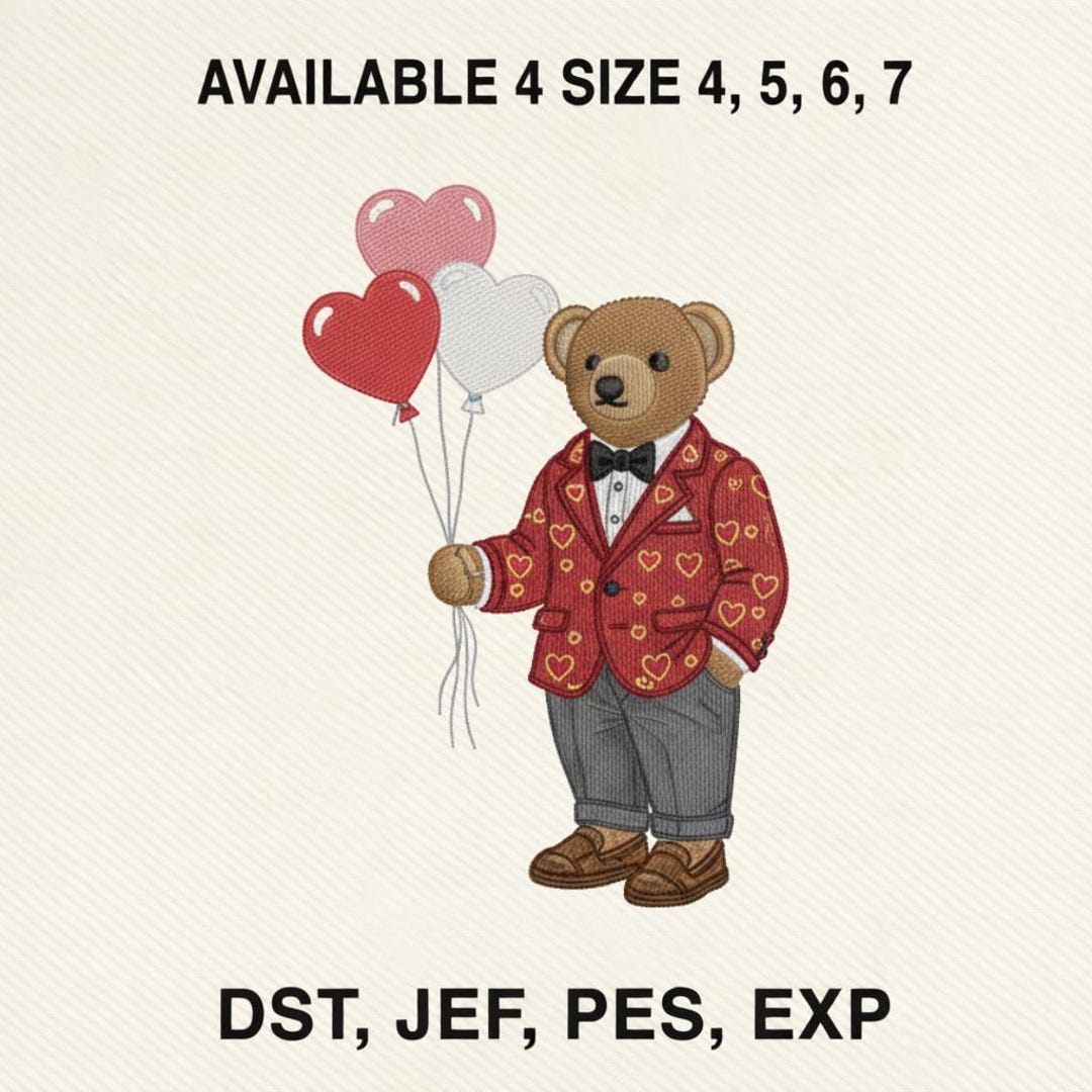 Valentine Bear Embroidery Design, Stylish Bear With Roses Machine ...