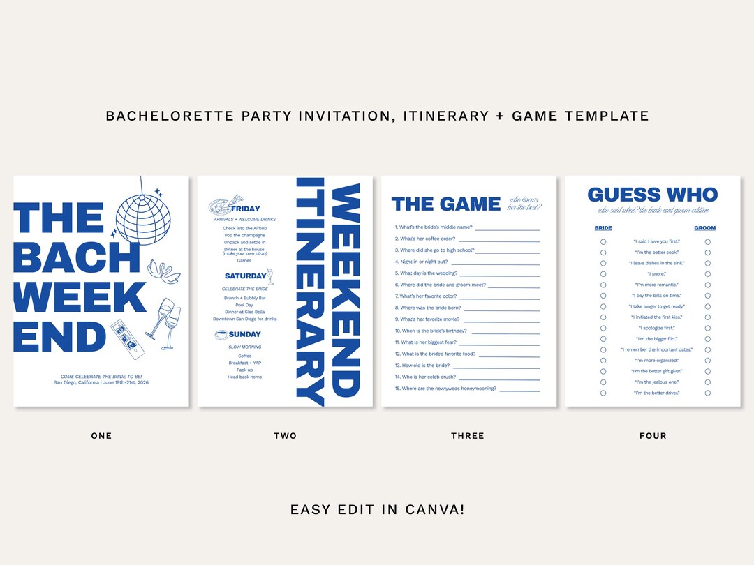 The Bach Weekend Set: Invitation, Itinerary + Games (4 Editable Canva ...
