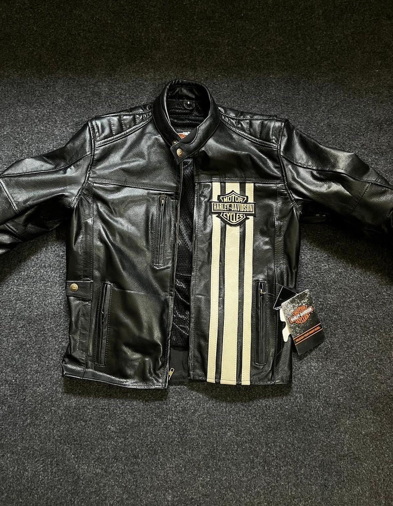 Harley Davidson Black Leather Motorcycle Jacket, Striped Cruiser Style ...