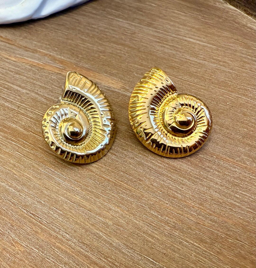 Gold Nautilus Shell Earrings | Unique Ocean Nautical Studs - Coastal ...
