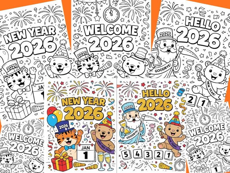 10 New Year's Coloring Pages Bundle, 2026 New Year's Eve Coloring ...