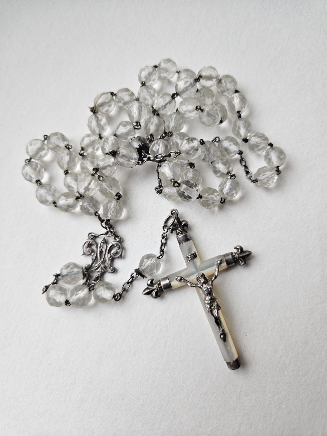 Antique Sterling Silver & MOP Rosary | Faceted Crystal Beads - Etsy
