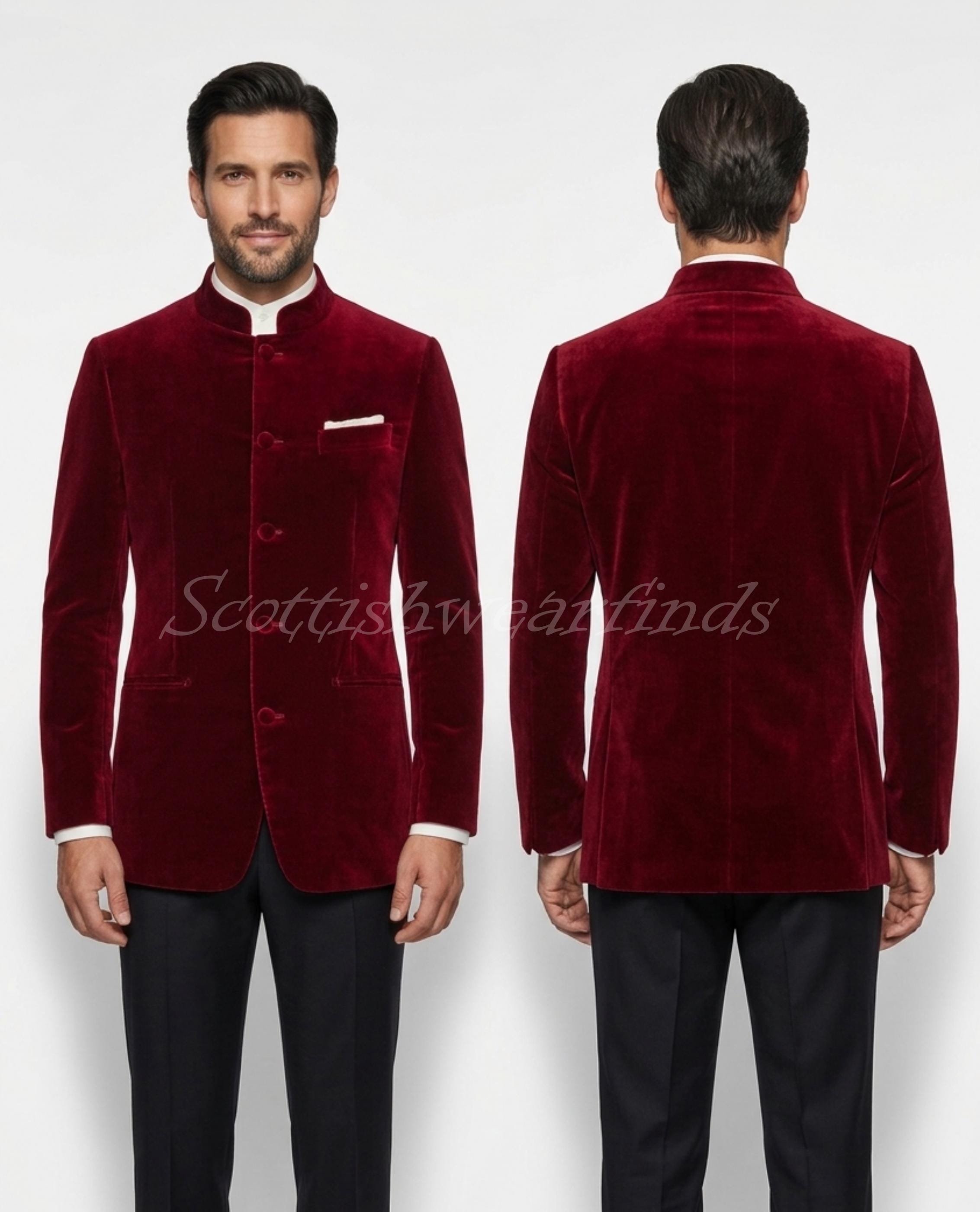 Men's Red Velvet Blazer – Mandarin Collar Slim Fit Evening Jacket - Etsy