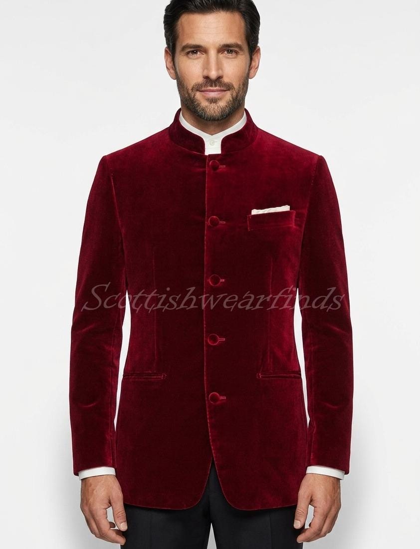 Men's Red Velvet Blazer – Mandarin Collar Slim Fit Evening Jacket - Etsy