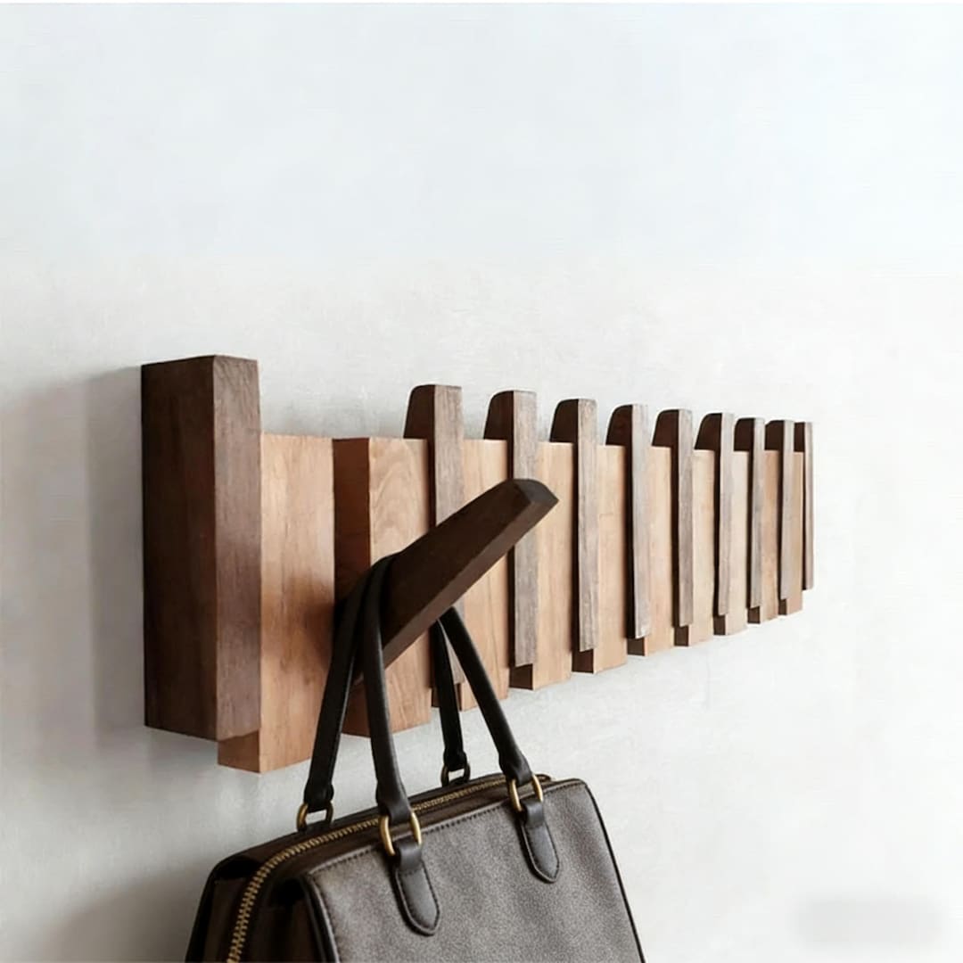 Solid Wood Walnut Piano Coat Rack, Space Saving Magnetic Hook Wall Rack ...