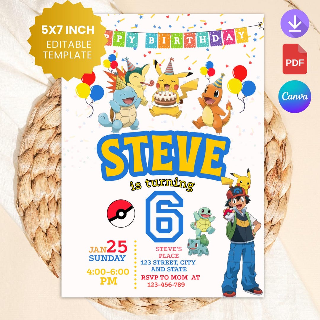 Pokemon Invitation Template, Editable Kids Gaming Party Invite, Cartoon ...