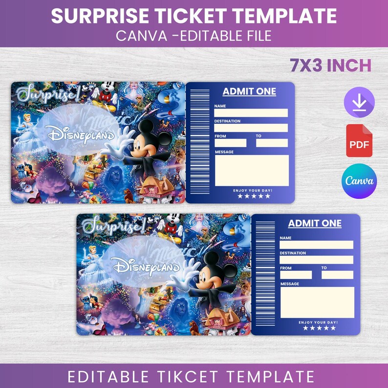 Editable Disneyland Surprise Ticket • Vacation Reveal, Canva Template ...