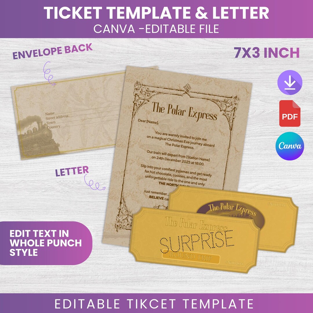 Editable Christmas Train Ticket & Letter, Golden Surprise (canva, PDF ...