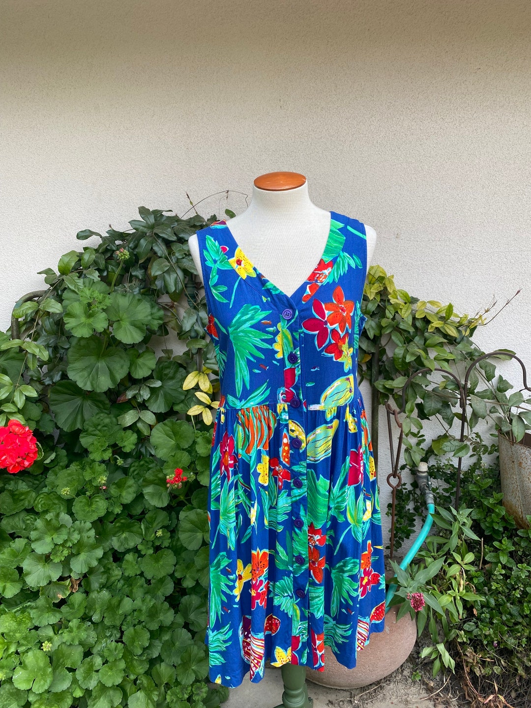 90s Tropical Sun Dress Bright Fish Floral Print Rayon Button up Mini ...