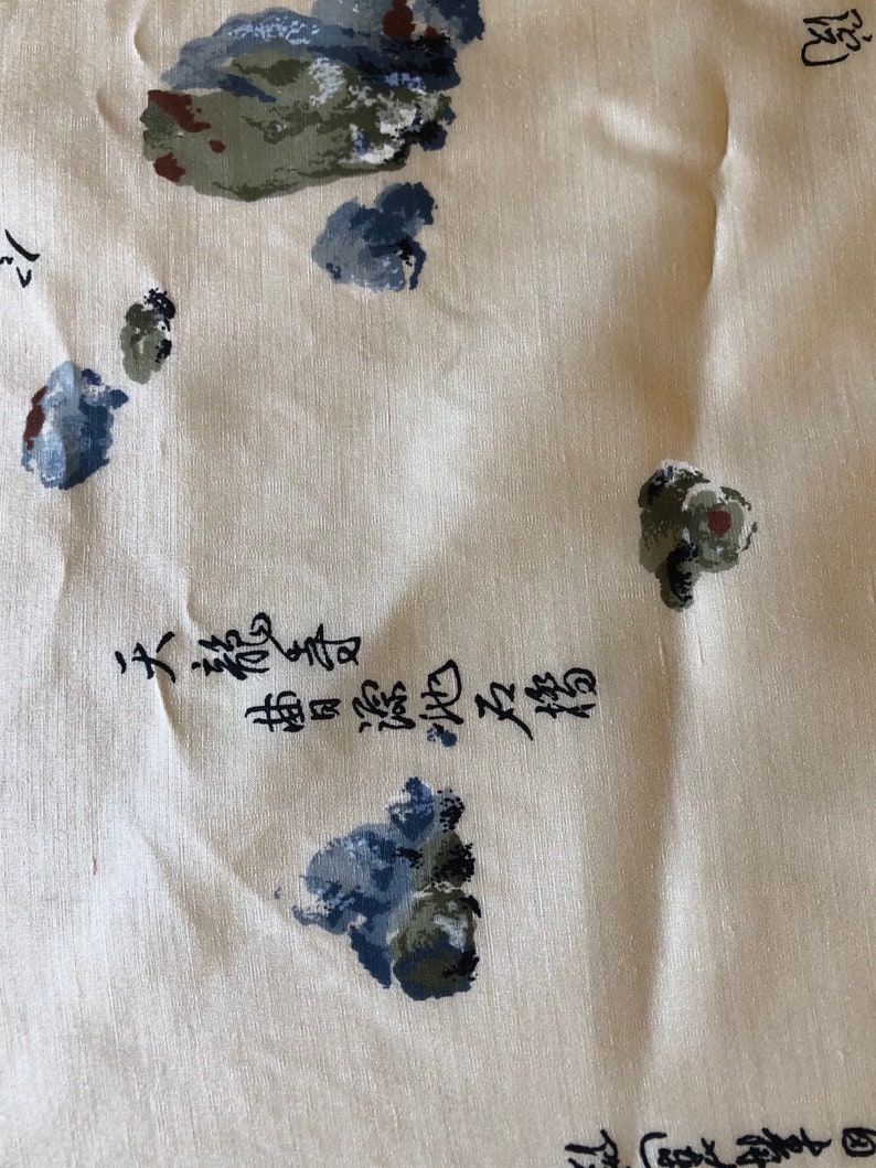 Vintage Asian Silk Fabric Asian Writing Ivory Sage Green Dusty Blue ...