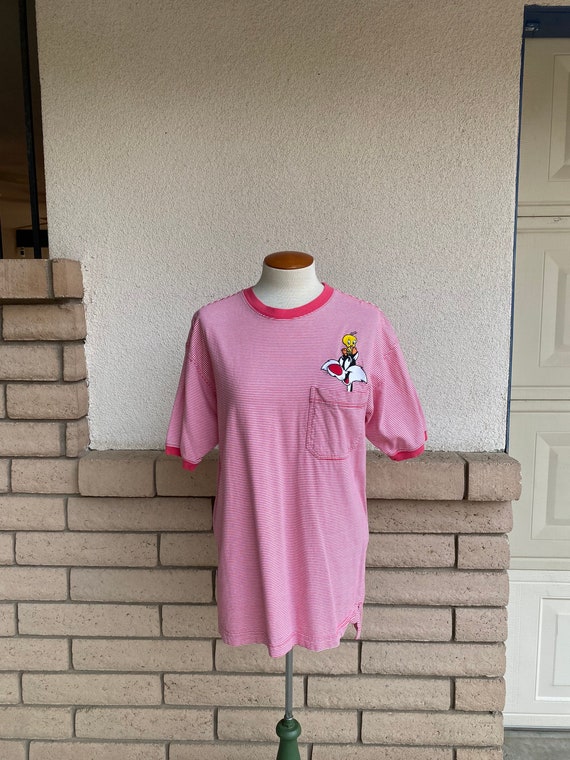 Vintage Looney Tunes Ringer Shirt Pink Striped Sylves… - Gem
