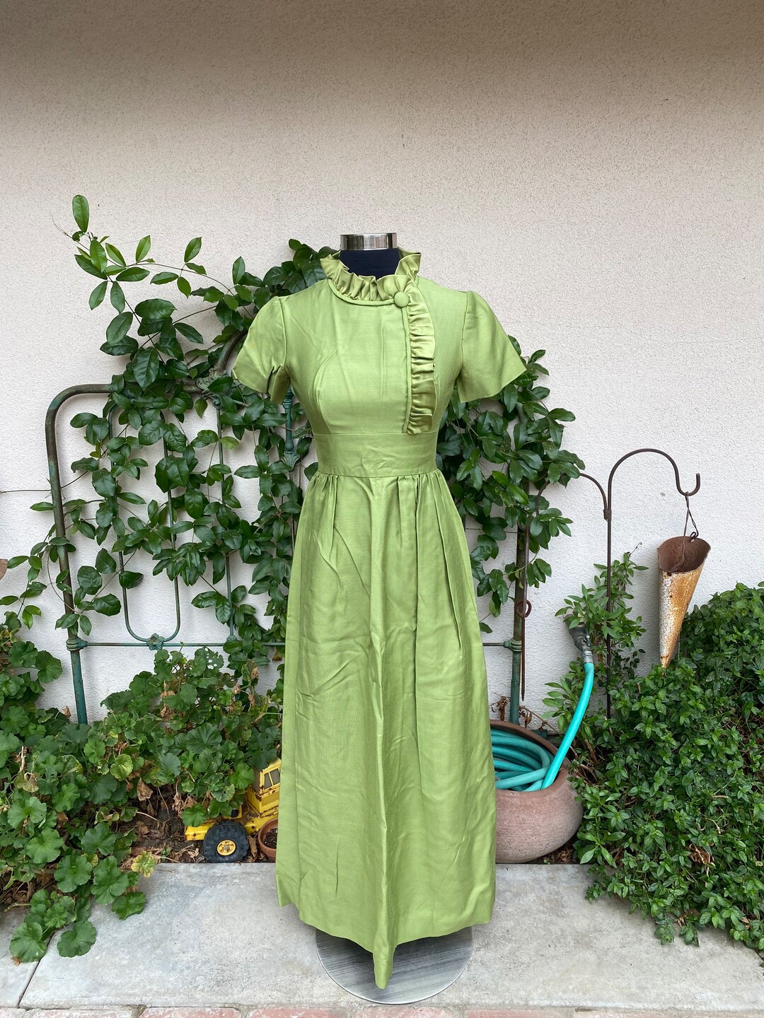 60s 70s Emma Domb Maxi Dress Avocado Green Cummerbund High Waisted ...