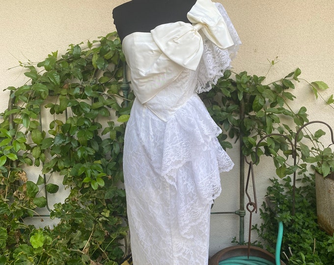 80s Climax David Howard One Shoulder White Lace Dress Big Bow Prom ...