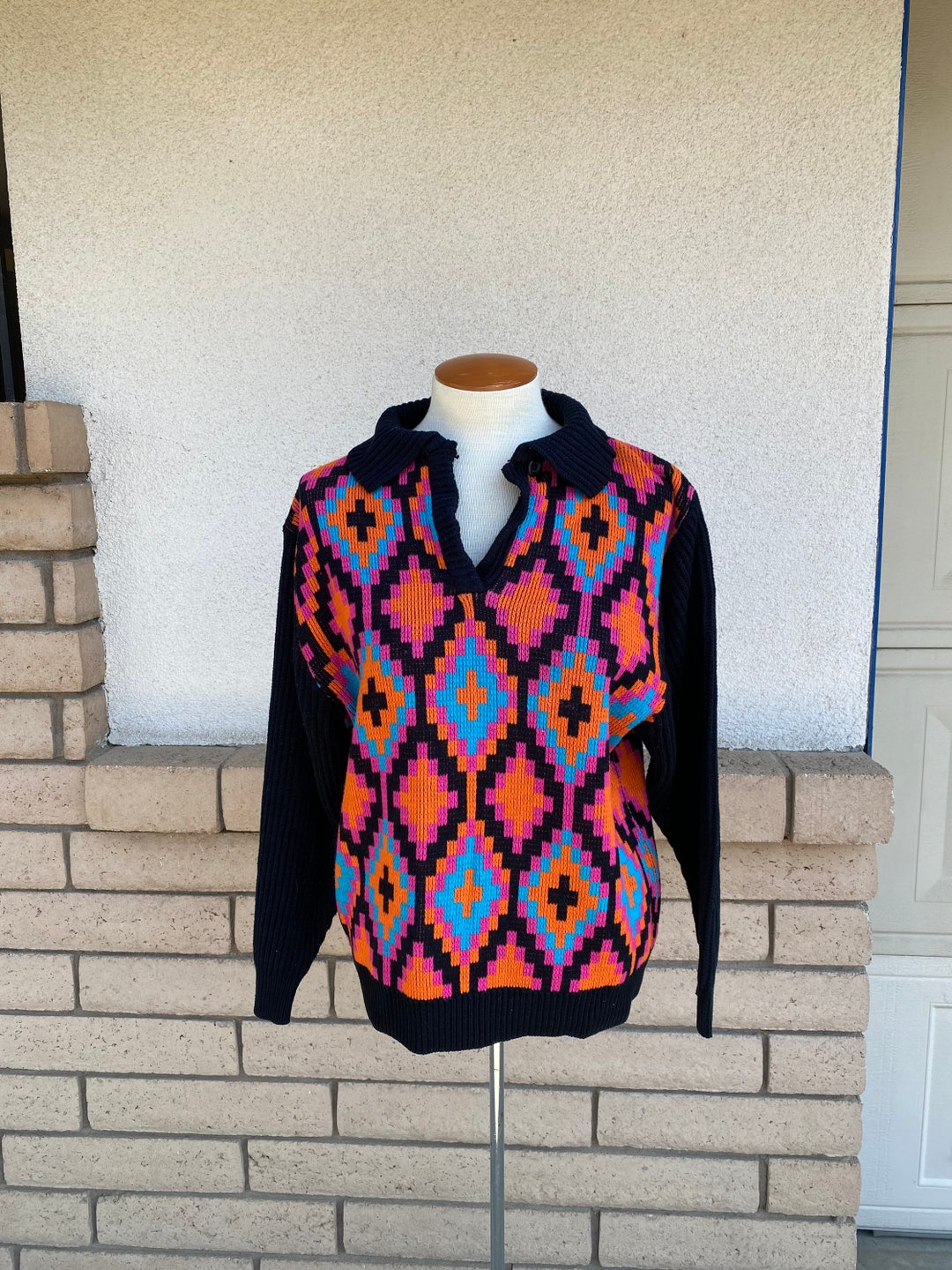80s Neon Op Art Collared Sweater // Orange Pink Turquoise Black ...