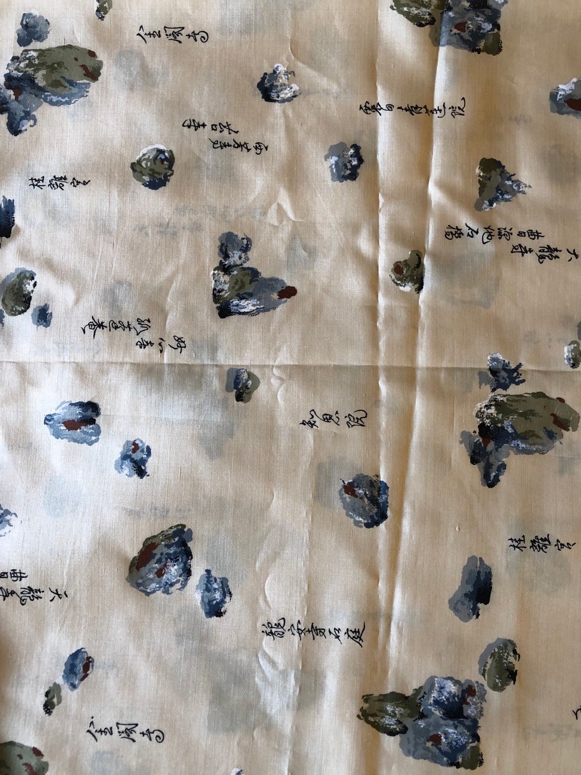 Vintage Asian Silk Fabric Asian Writing Ivory Sage Green Dusty Blue ...