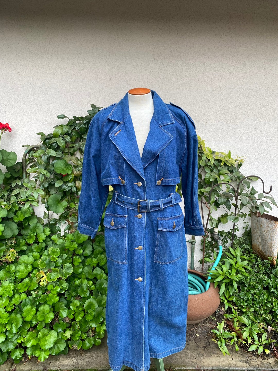 Vintage 80s 90s Denim Trench Coat With Storm Flap Cotton Full Length ...
