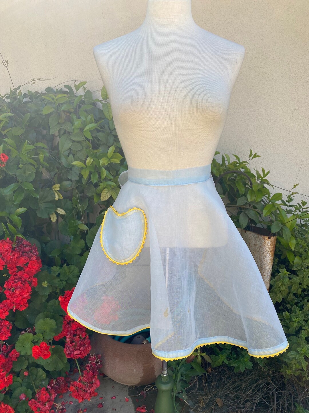 Vintage 50s Blue Sheer Half Apron With Heart Pocket Yellow Ric Rac - Etsy