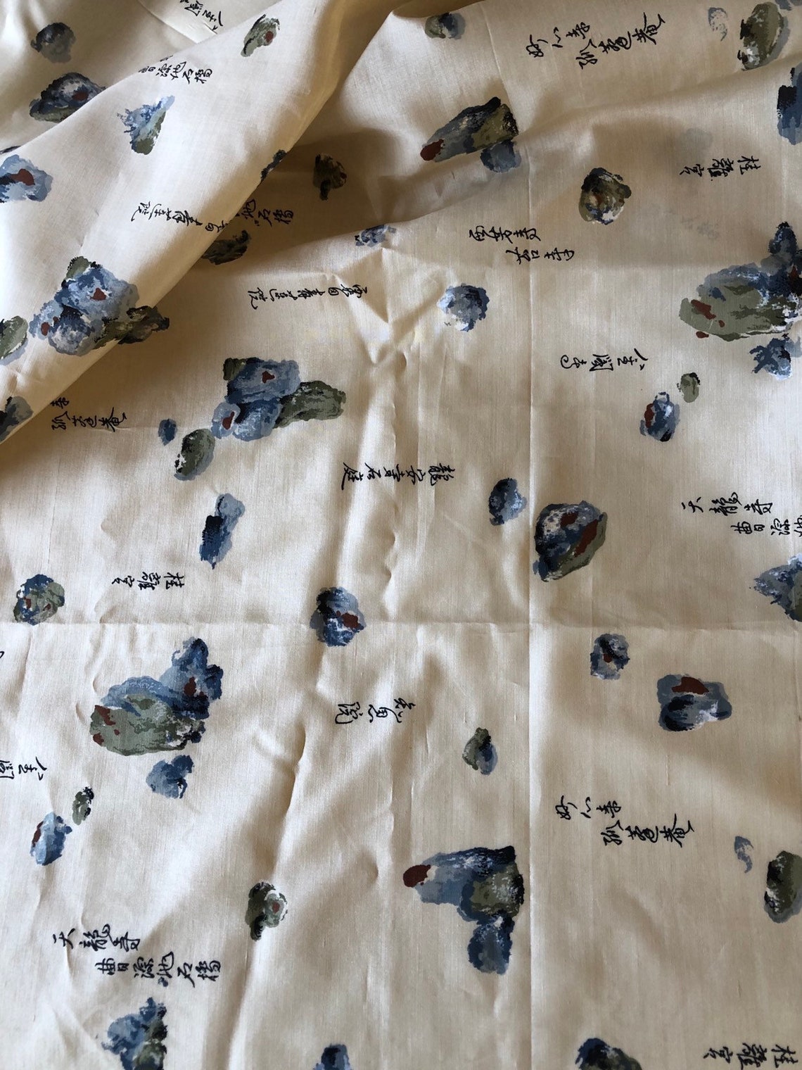 Vintage Asian Silk Fabric Asian Writing Ivory Sage Green Dusty Blue ...