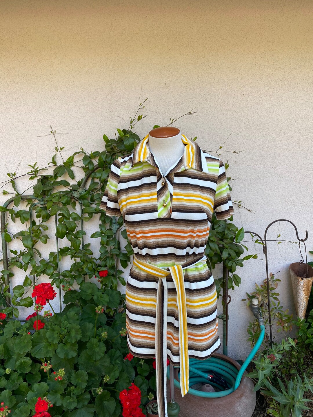 70s Striped Terry Cloth Tunic Yellow Green Orange Brown Tapered Belted ...