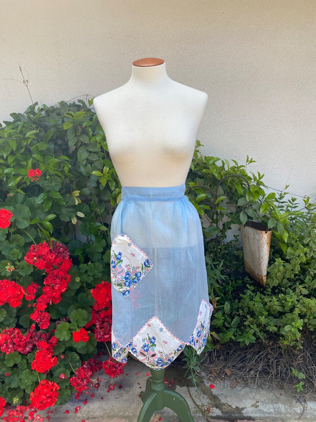 Vintage 50s Blue Sheer Handkerchief Half Apron With Floral Pocket Pink ...