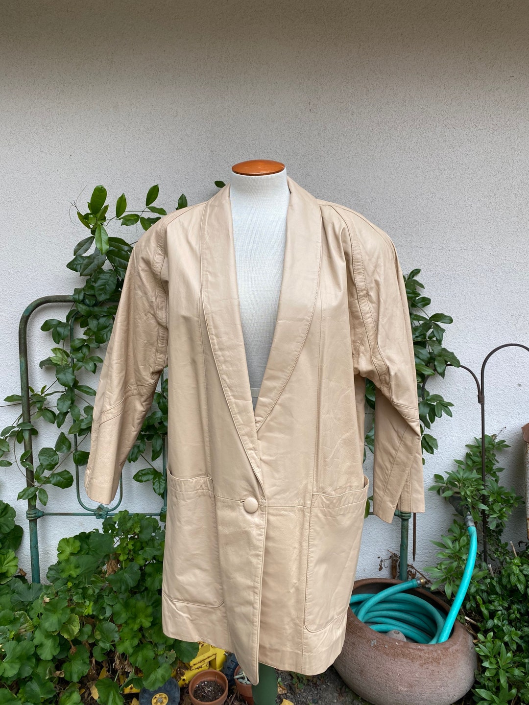 Vintage 90s Natural Leather Blazer Jacket Soft Shawl Collar Long Tunic ...