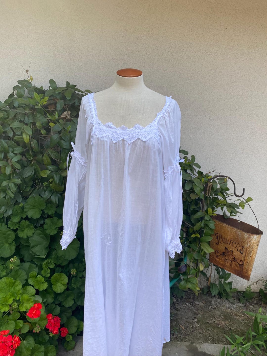 Vintage 80s Sheer Renaissance Nightgown Solid White Cotton Long Maxi ...