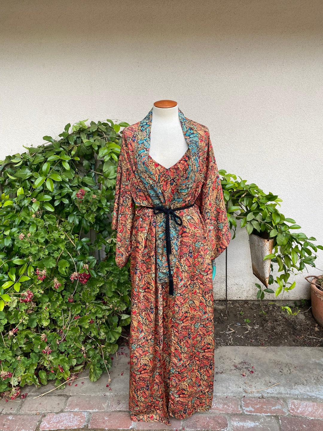 Vintage Peignoir Set Paisley Print Kimono Robe & Nightgown Full Length ...