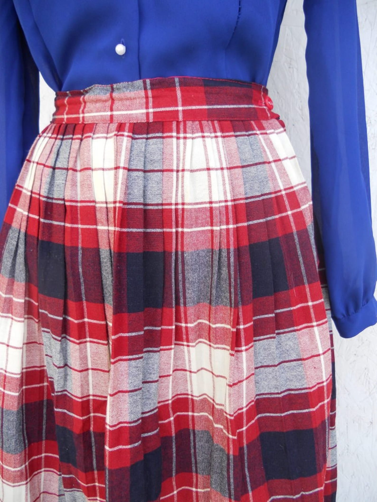 60s Pleated Skirt Red Blue Checkered High Waist Skirt School - Etsy